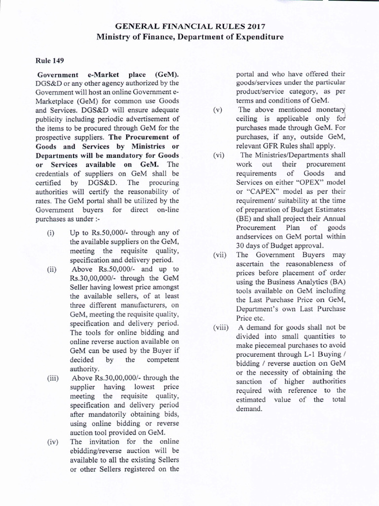 Rule 149 of GFR 2017 | PDF | Auction | Procurement