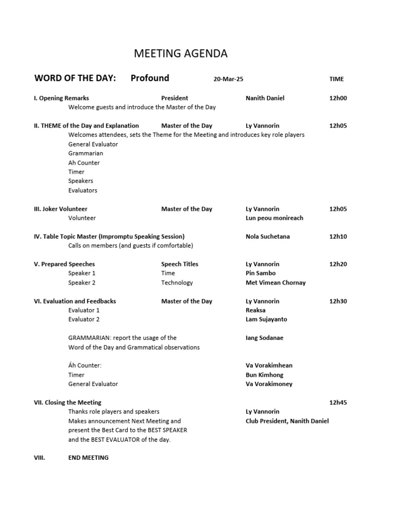 CLub Meeting Agenda Mar-20th | PDF | Linguistics | Human Communication