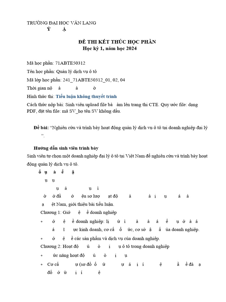 71abte50312 - Quan Ly Dich Vu o To - k27 - Tieul - de 1 | PDF