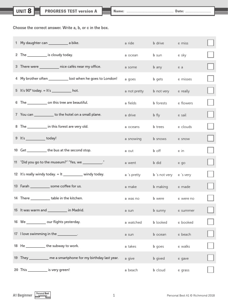 A1 Beginner Progress Test Answers | PDF | Physical Geography | Earth ...