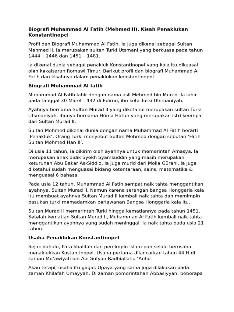 Biografi Muhammad Al Fatih dan Penaklukan | PDF