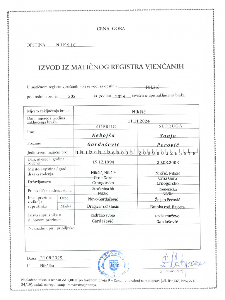 Izvod Iz Maticnog Registra Vjencanih | PDF