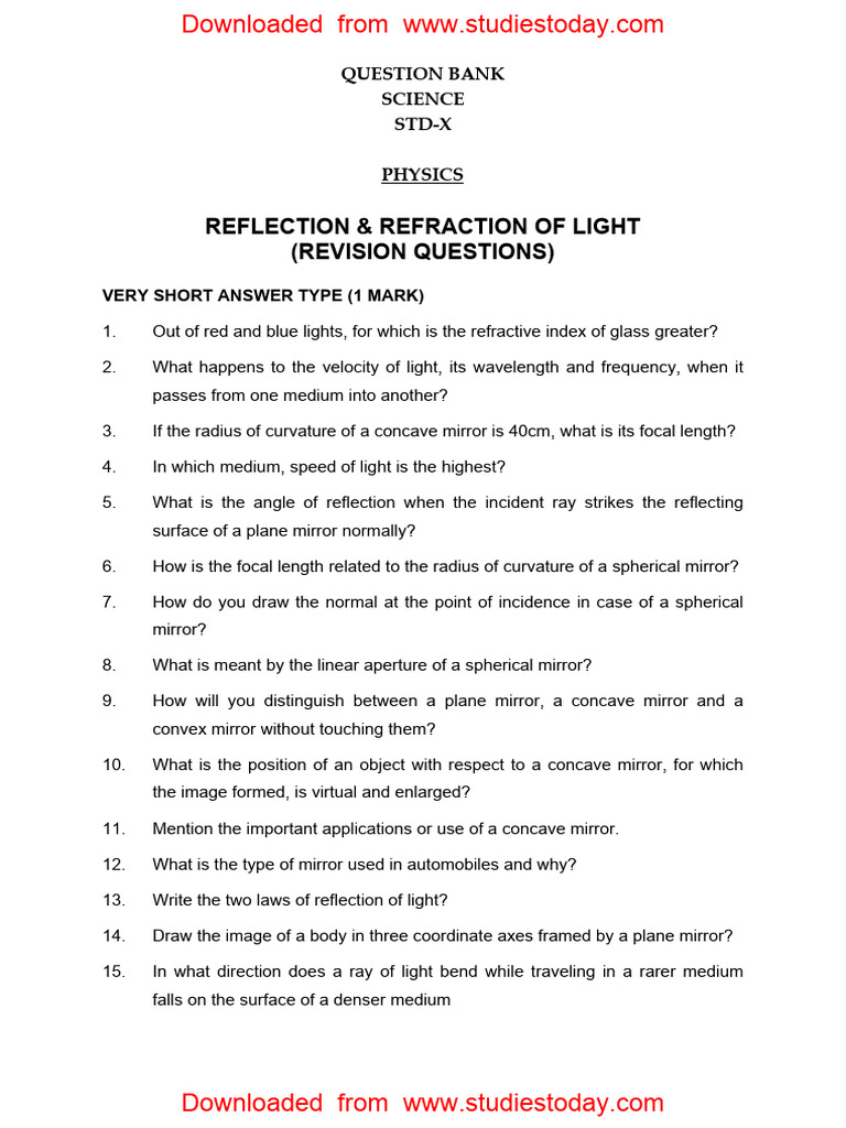 Physics Revision Questions on Light | PDF | Refraction | Refractive Index