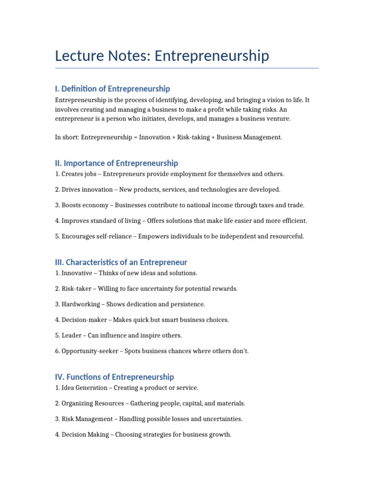Lecture Notes Entrepreneurship1 | PDF | Entrepreneurship | Risk