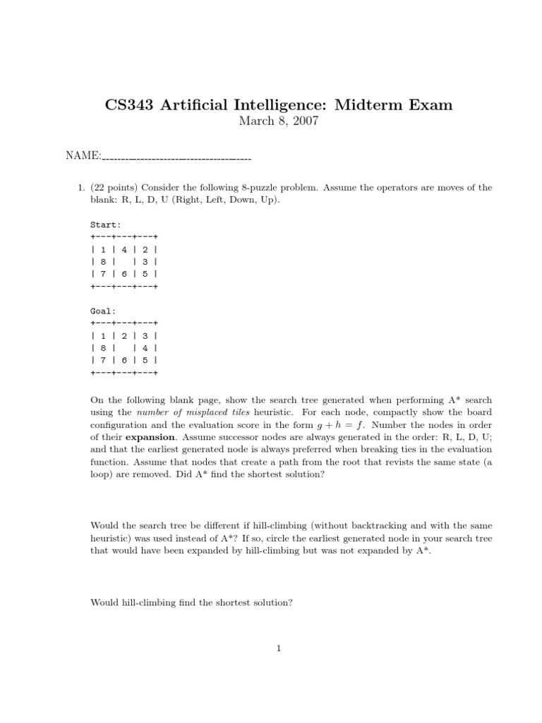 Artificial Intelligence Midterm Exam Pdf Mathematical Concepts Reasoning