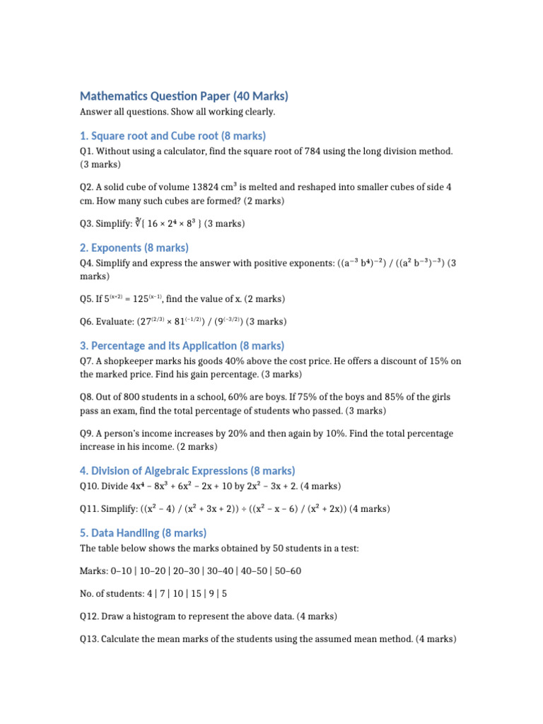 Mathematics Question Paper | PDF