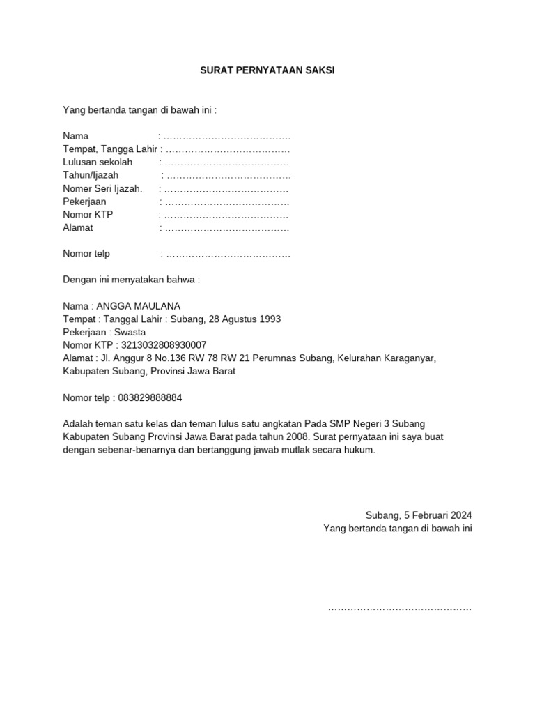 Surat Pernyataan Saksi Angga Maulana | PDF