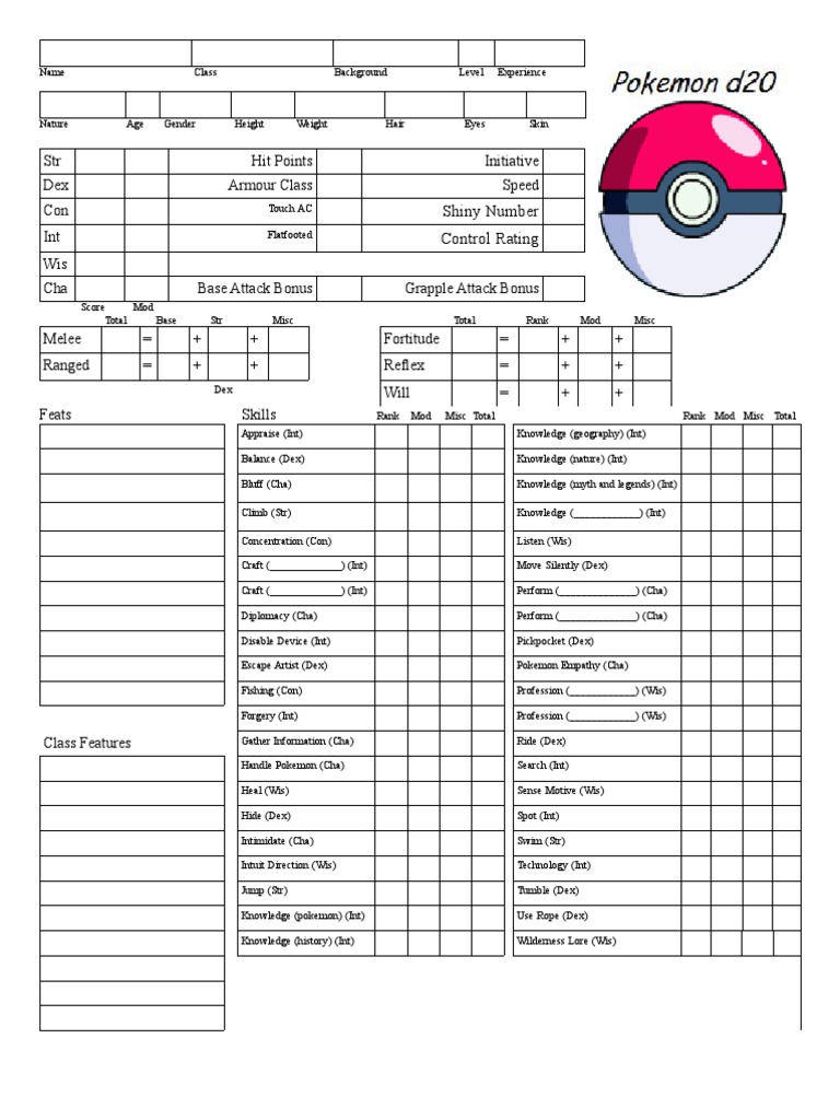 Pokemon d20 Character Sheet | PDF