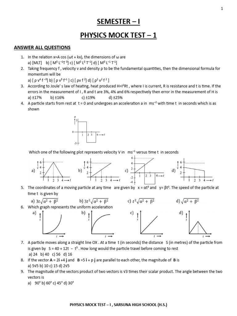 Physics Mock Test I - SARSUNA H.S. | PDF | Euclidean Vector | Velocity