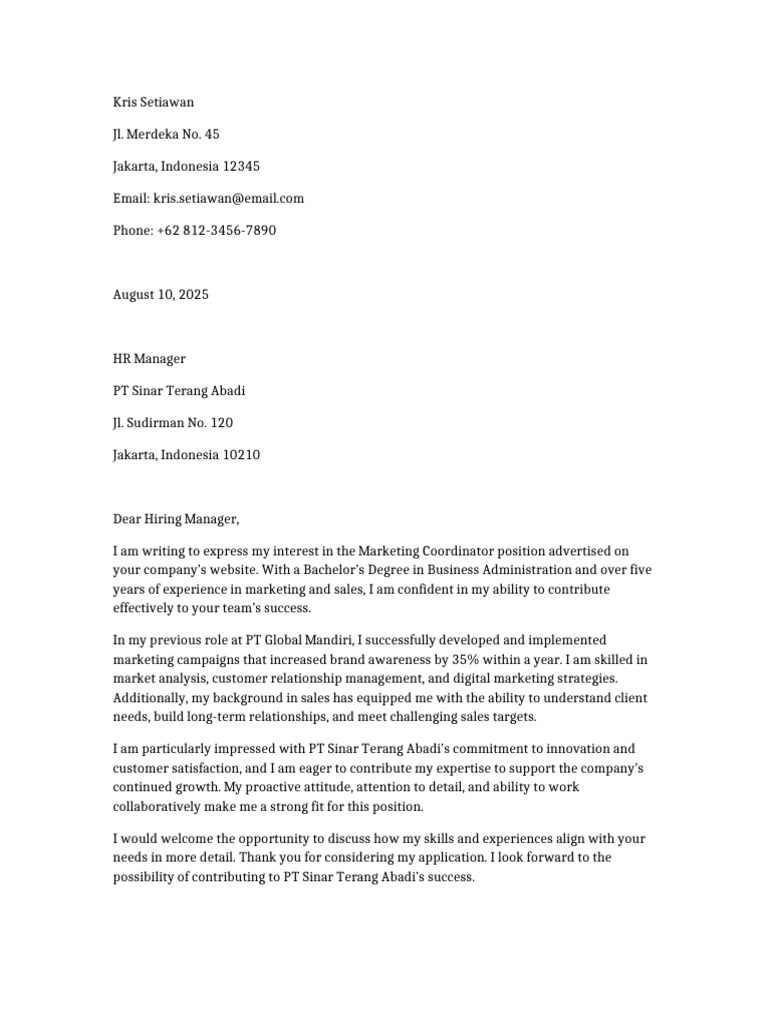 Application Letter and CV Kris Setiawan | PDF | Marketing | Customer ...