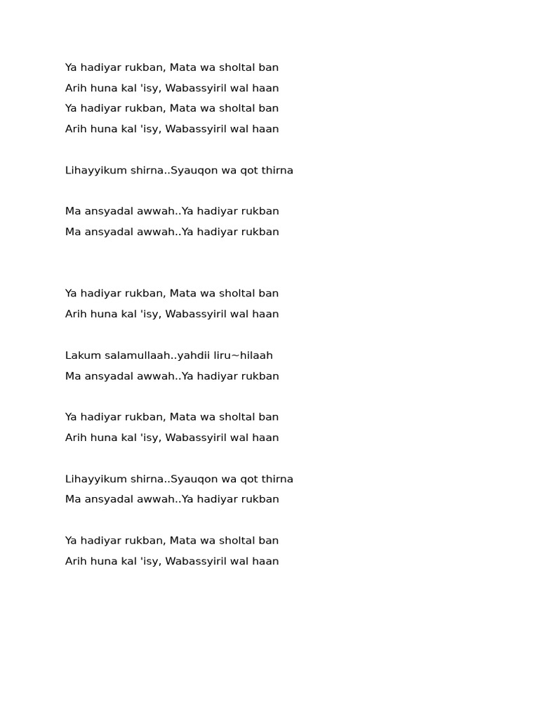 Lirik Sholawat Ya Hadiyar Rukban | PDF