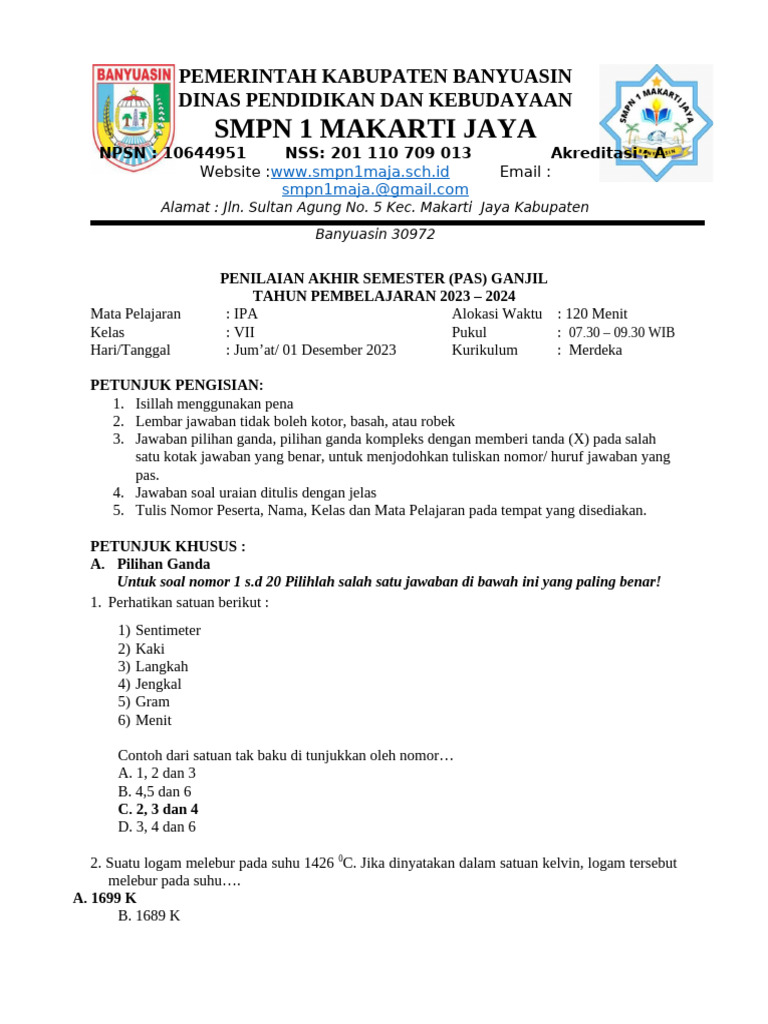 Soal SAS IPA (Ganjil Des 2023) | PDF