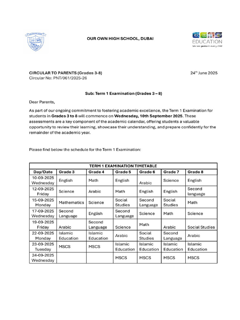 Circular - Term 1 Timetable Grade 3 To Grade 8-1 | PDF