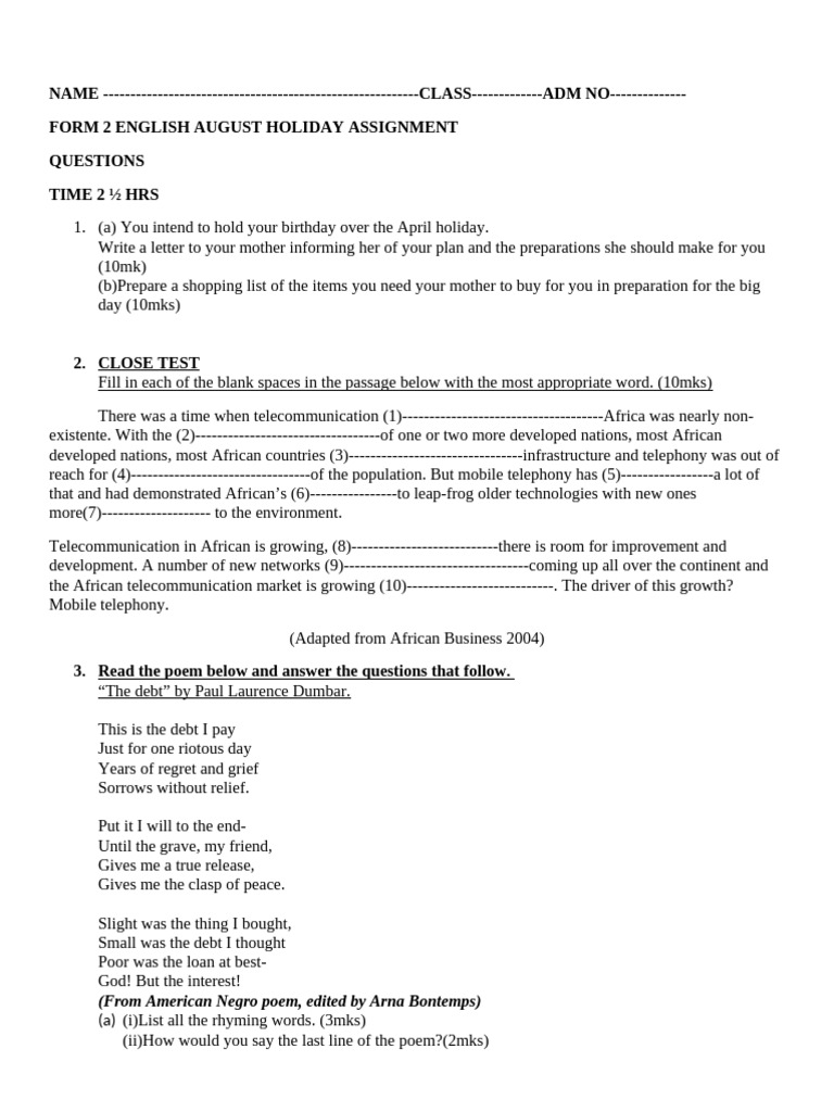 Form 2 English August Holiday Assignment | PDF | Political Corruption ...