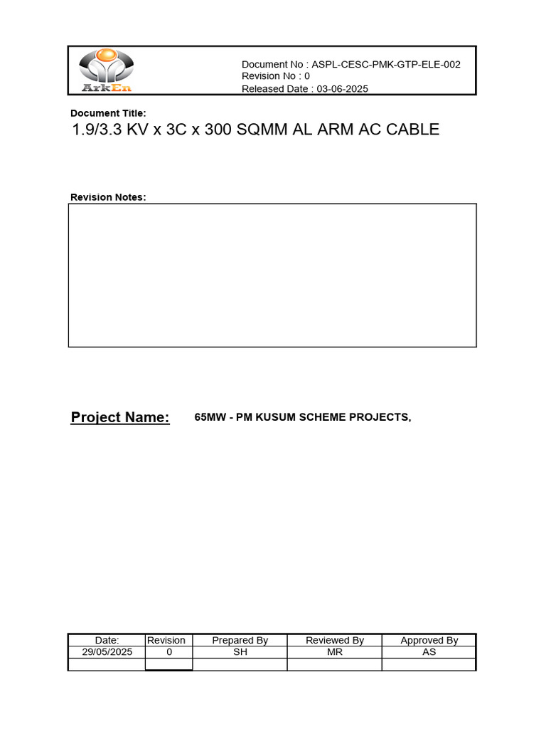 1.9 - 3.3 KV 3c X 300 SQMM Al Ar Ac Cable Data Sheet | PDF | Electrical ...