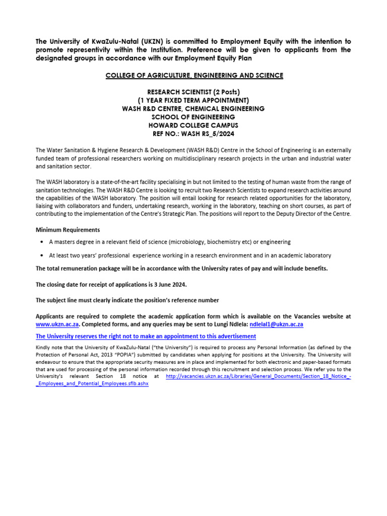 Advert Research Scientist May2024 KP School+HR | PDF | Wash