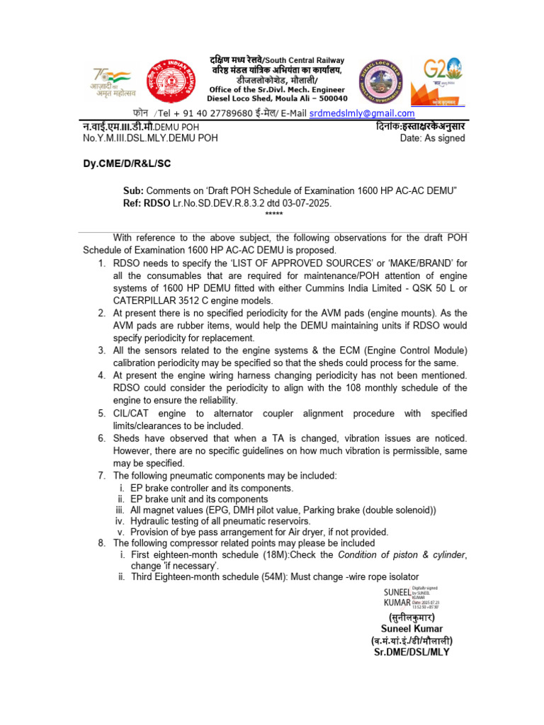 Comments on 1600 HP AC DEMU POH Schedule | PDF