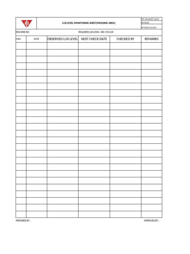 Lux Level Monitoring Sheet | PDF