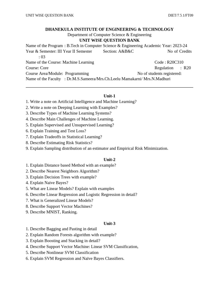 FT9 Unit WIse Question Bank | PDF | Support Vector Machine | Machine ...