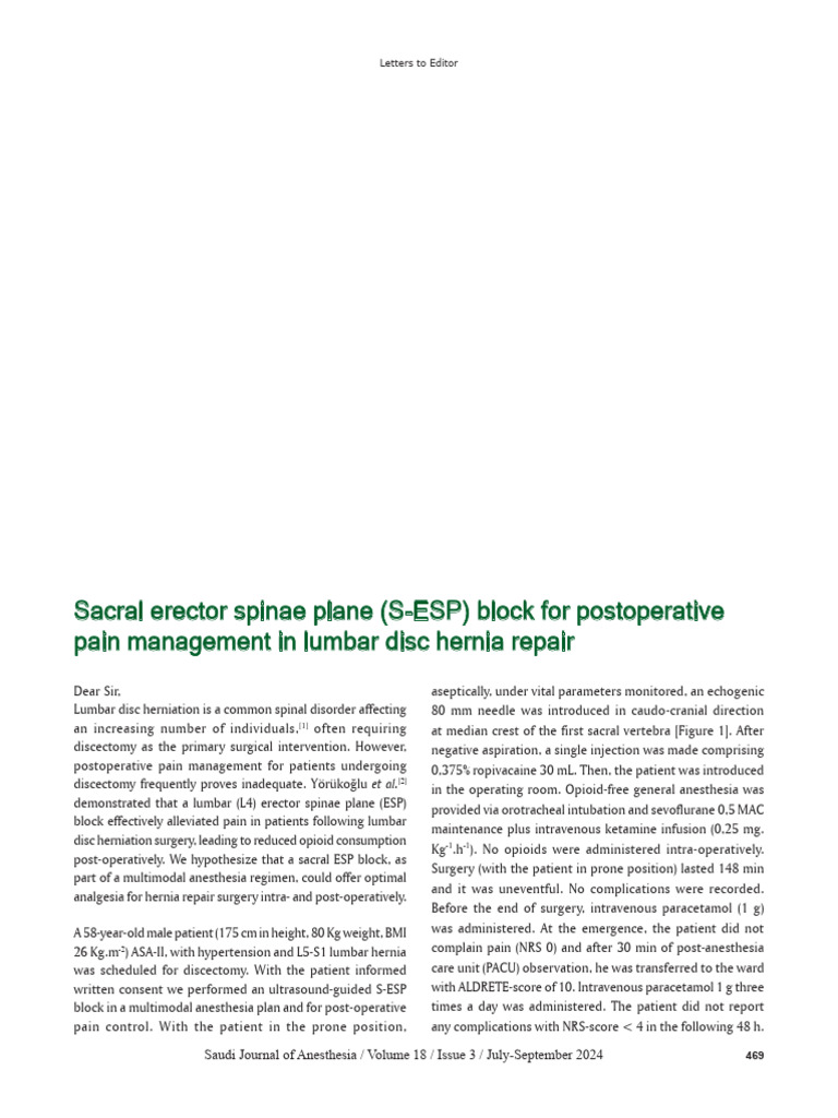 Sacral Erector Spinae Plane S Esp Block For.30 | PDF | Anesthesia ...