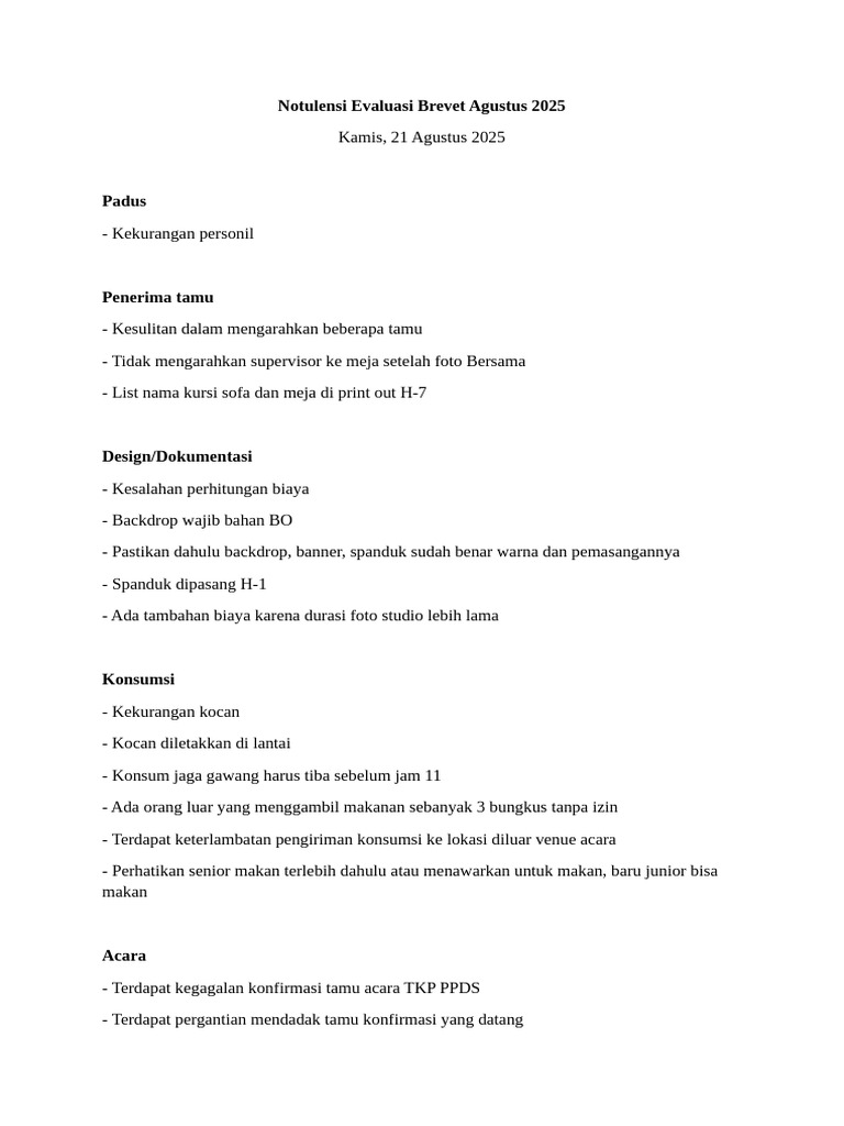 Notulensi Evaluasi Brevet Agustus 2025 | PDF