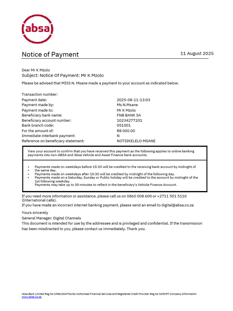 Absa Payment Notification | PDF