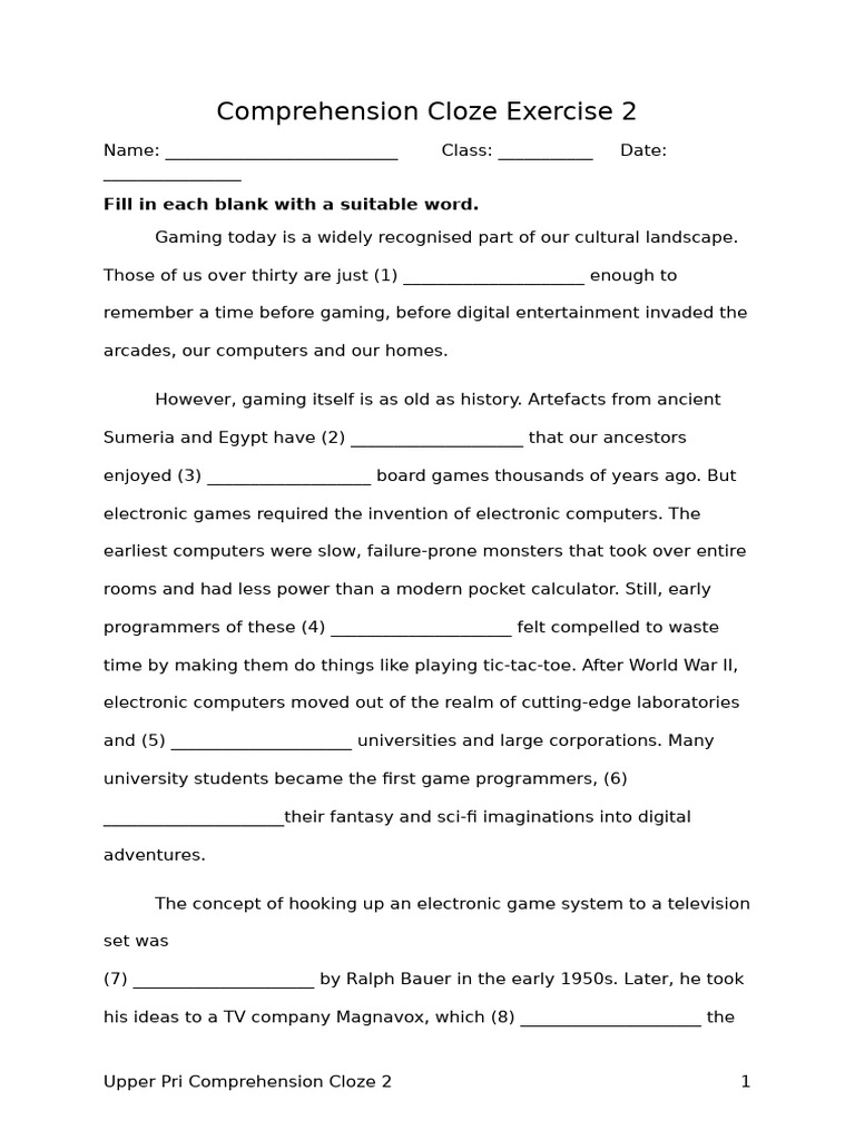 Comprehension Cloze Exercise 2 | PDF