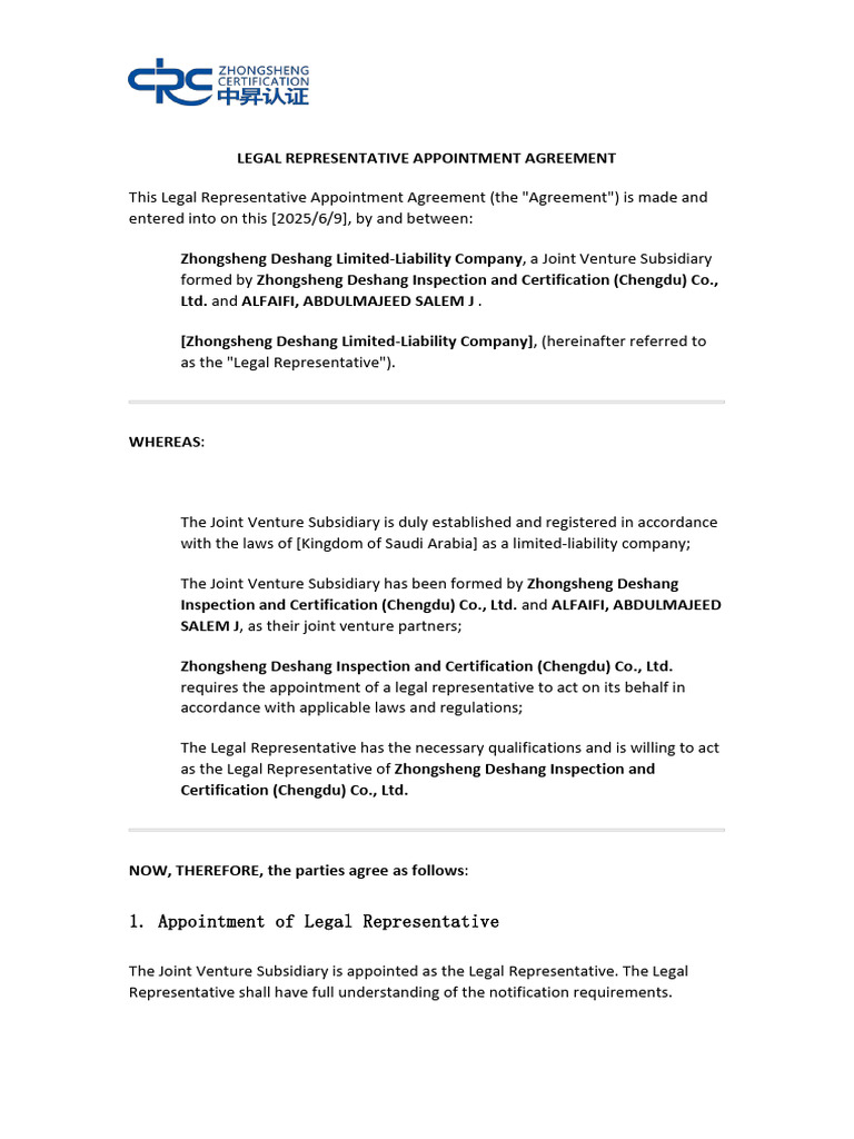 Legal Representative Appointment Agreement | PDF | Joint Venture ...
