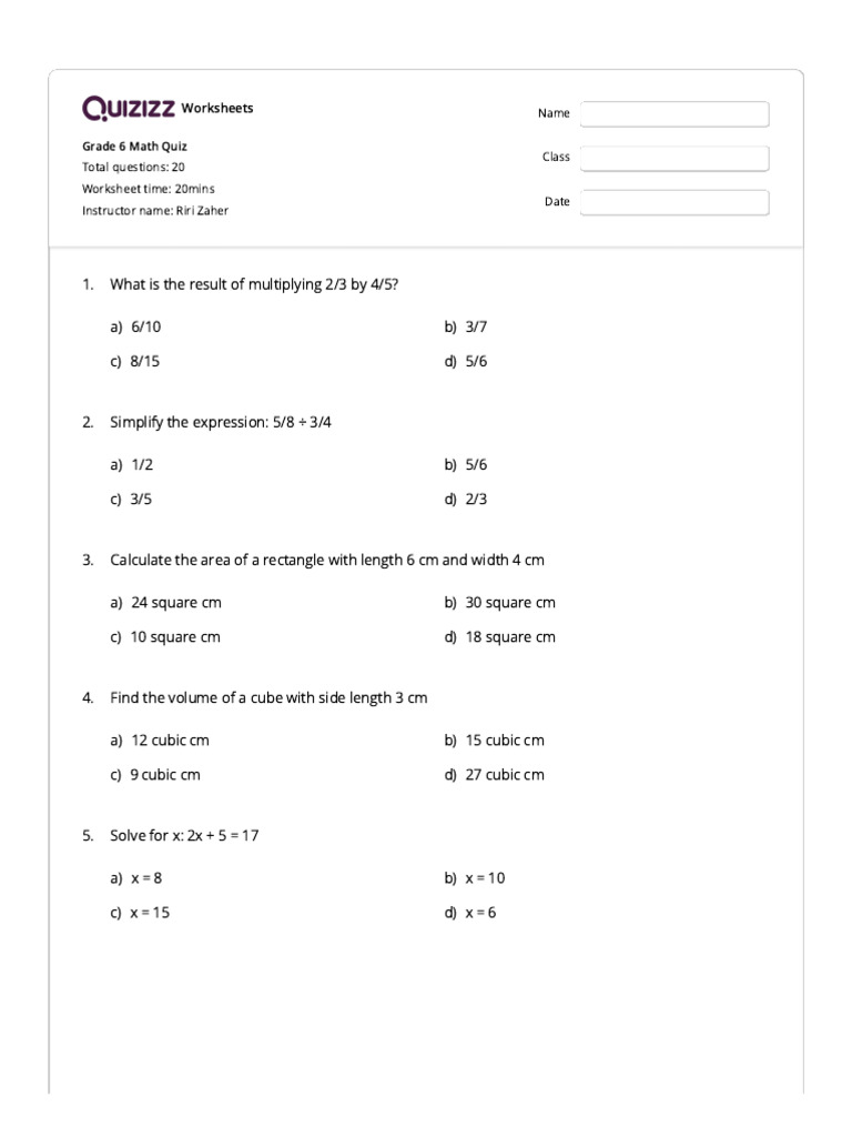 Grade 6 Math Quiz Worksheet | PDF | Area