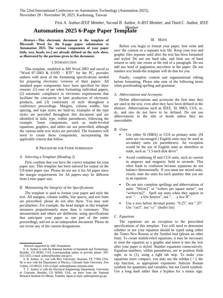 Automation 2025 Paper Submission Template | PDF | International System ...