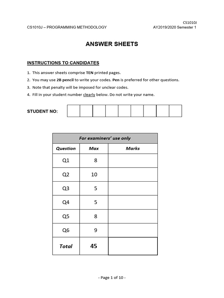 Exam 19s1 Answersheet Blank | PDF | Computer Programming | Software Engineering