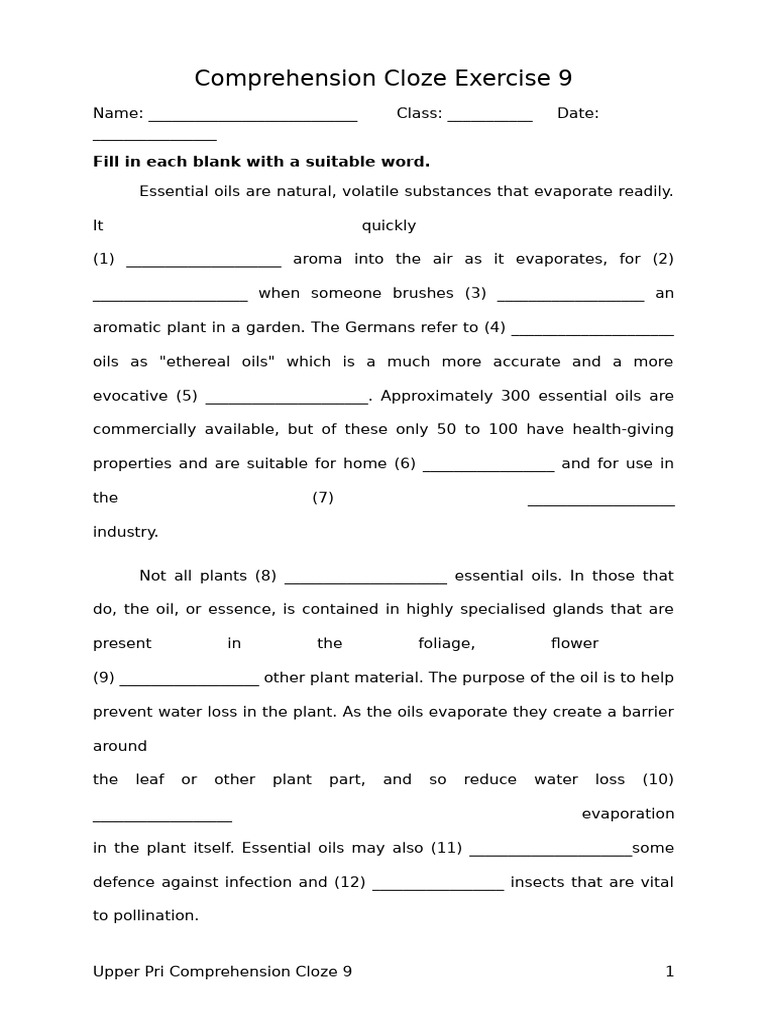 Comprehension Cloze Exercise 9 | PDF | Essential Oil | Plants