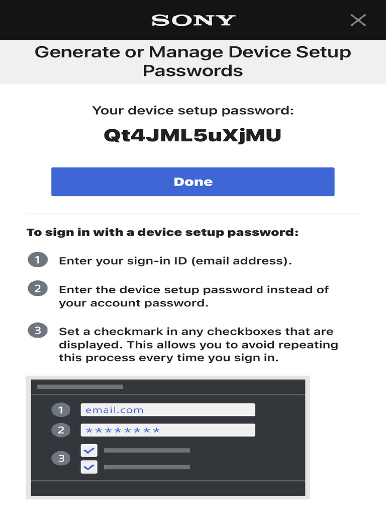 Generate or Manage Device Setup Passwords Sony | PDF