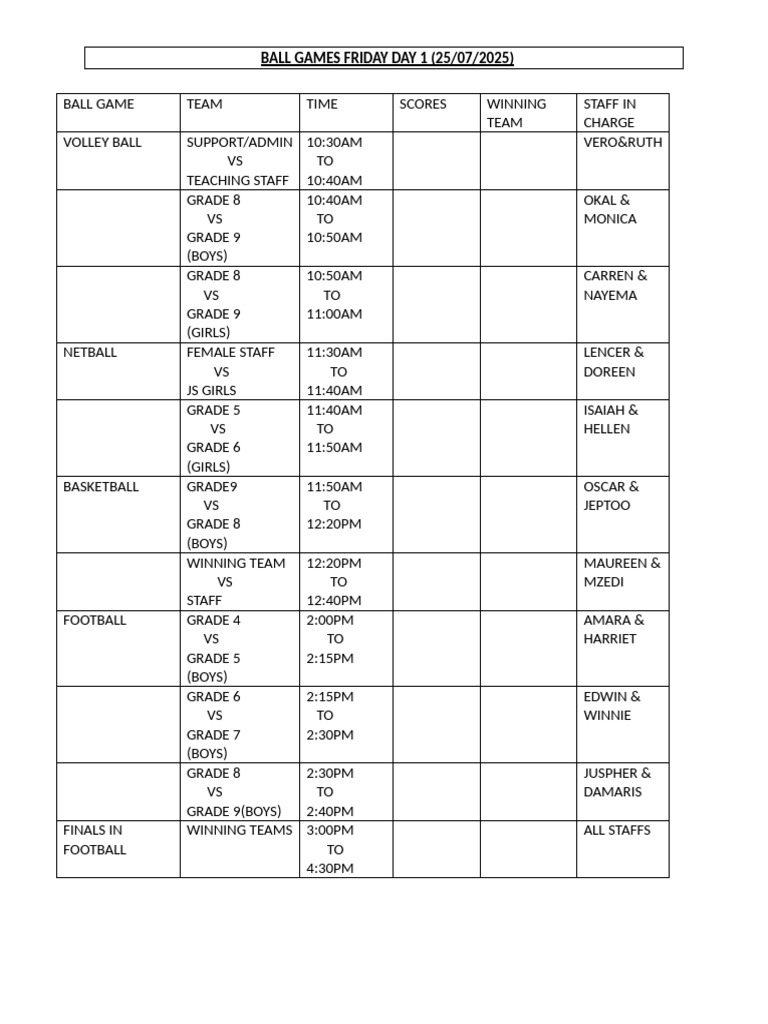 Ball Games Calendar | PDF