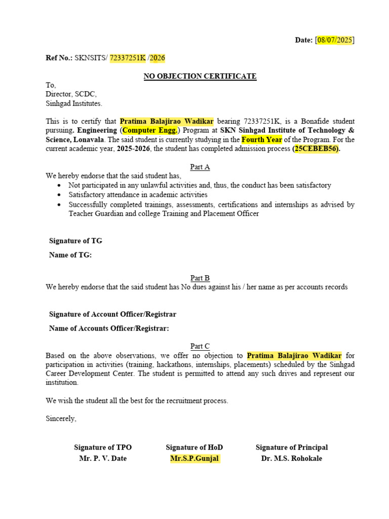 No Objection Certificate for Student | PDF