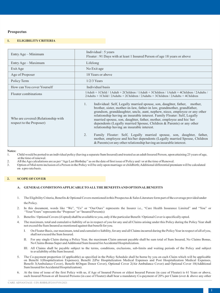 Care Advantage (Health Insurance Product) Prospectus Cum Sales ...