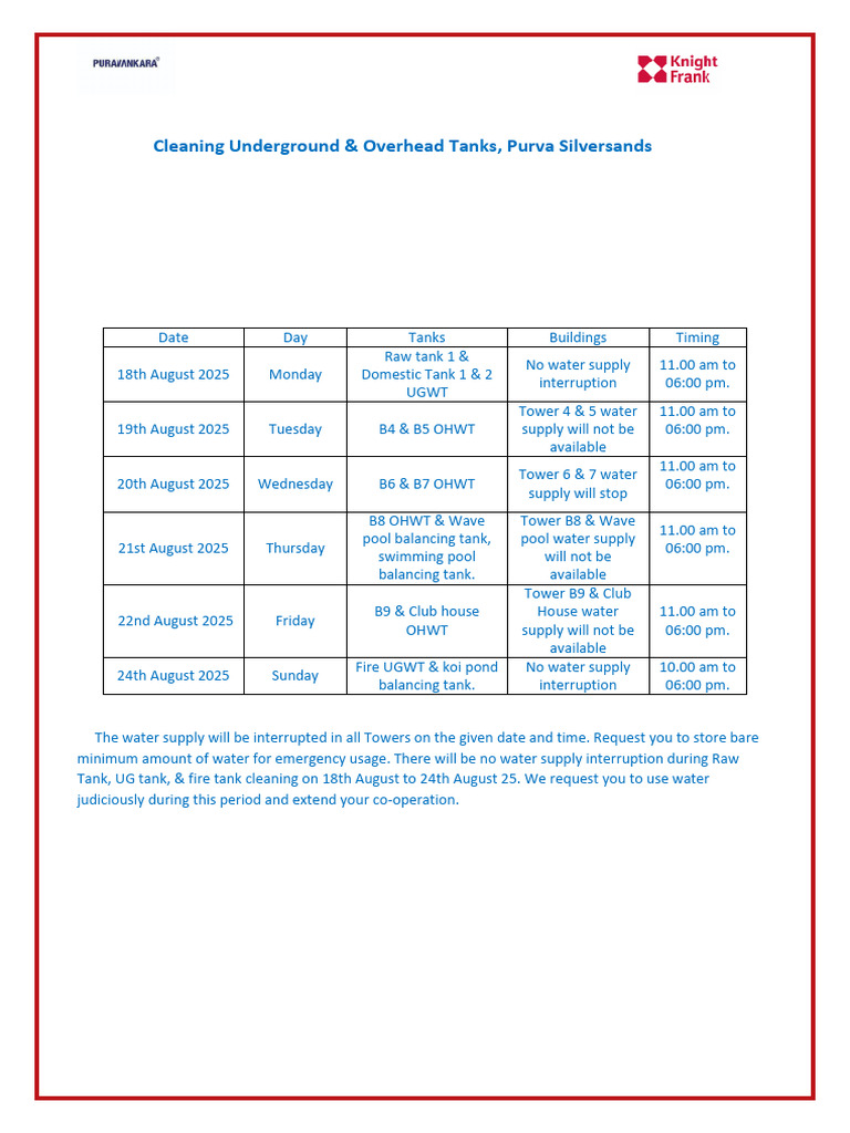 Cleaning Underground & Overhead Tanks, Purva Silversands: Subject | PDF