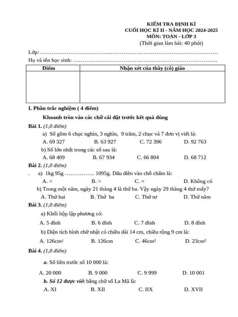 TOÁN 3 ĐỀ 1 24 - 25 | PDF
