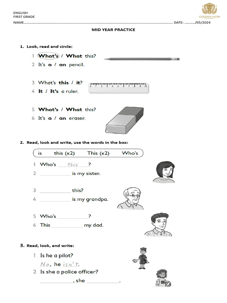 Eng - 1st Grade - Mid Year Practice | PDF