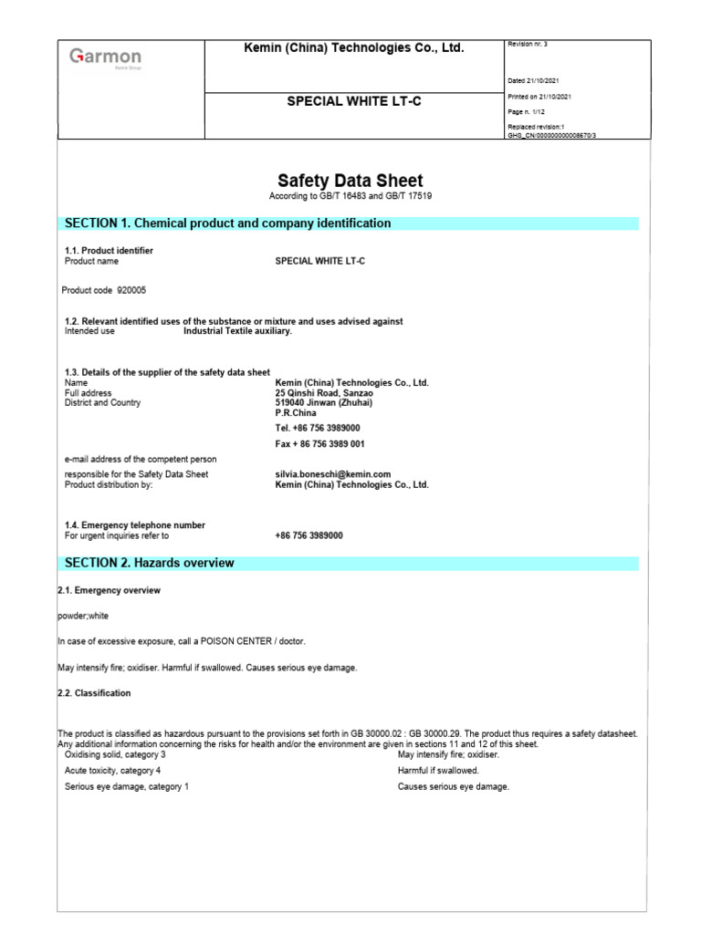Safety Data Sheet for SPECIAL WHITE LT-C | PDF | Toxicity | Dangerous Goods