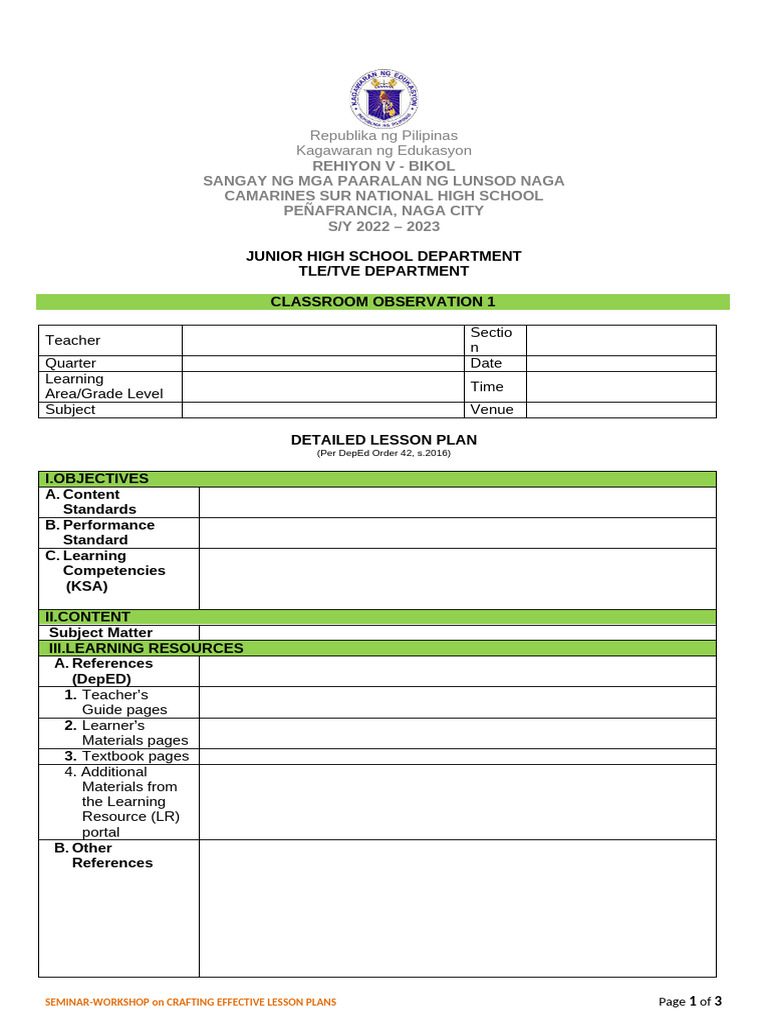 Lesson Plan Template Deped Order 42 s.2016 | PDF | Lesson Plan | Teachers