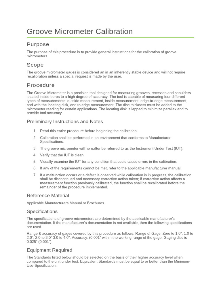 Groove Micrometer Calibration Guide | PDF | Calibration | Accuracy And ...
