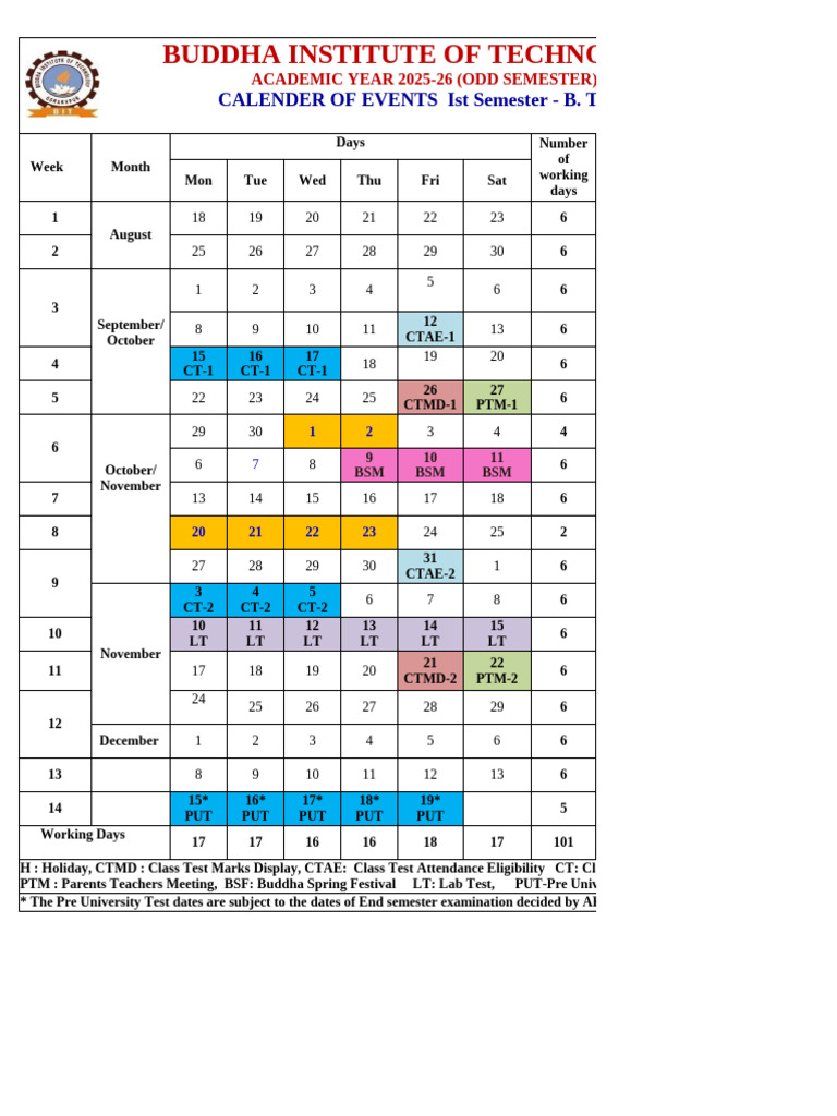 BIT Durg Academic Calendar 2025-26 | PDF | Schools | Educational Stages