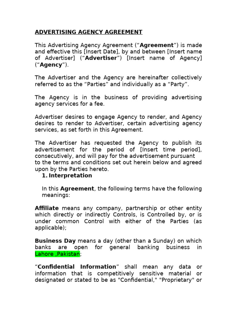 Advertising Agency Services Agreement | PDF | Indemnity | Invoice