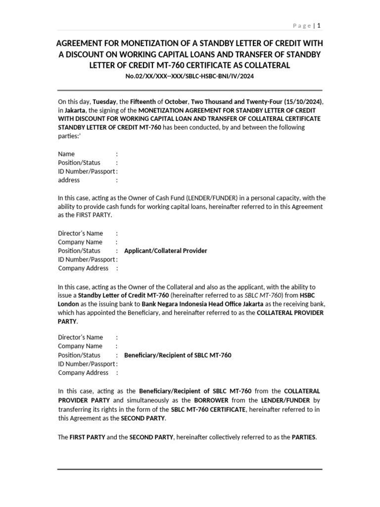 (Ori) Draft Agreement For Monetization SBLC Mt760 - Usd Amounts | PDF | Letter Of Credit | Loans