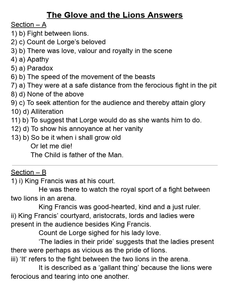 The Glove and The Lions Answers | PDF | Poetry
