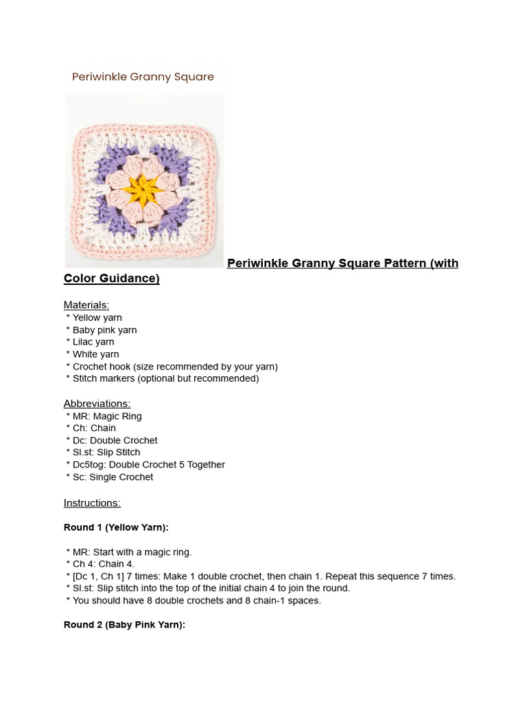 Periwinkle Granny Square Instructions | PDF | Crochet | Figured Fabrics