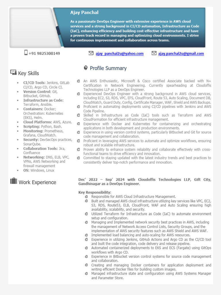 AWS DevOps Engineer Profile Summary | PDF | Amazon Web Services | Cloud ...