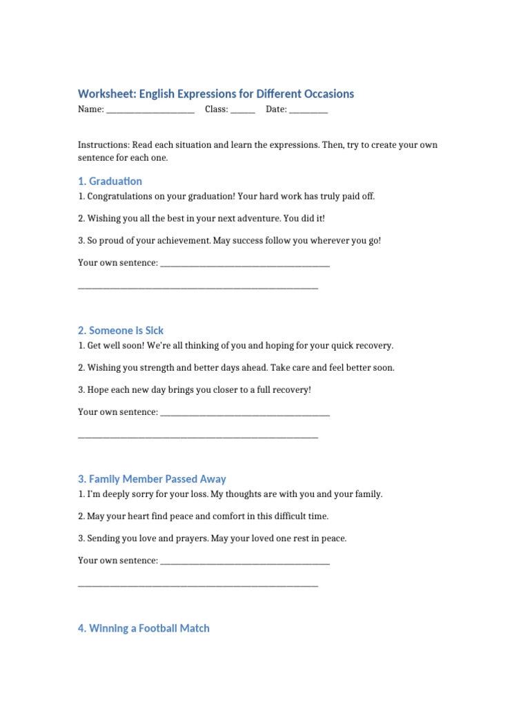 Worksheet English Expressions Occasions | PDF