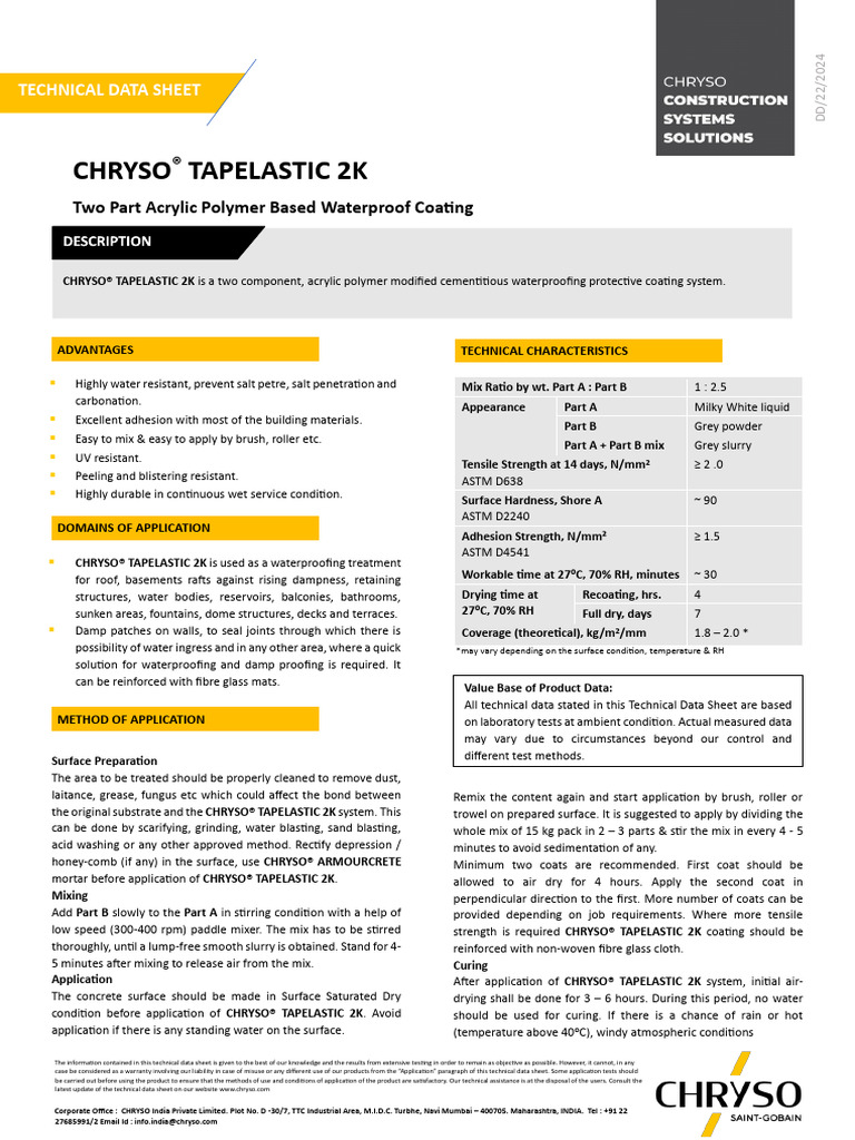 CHRYSO® TAPELASTIC 2K Waterproof Coating | PDF | Materials | Building ...